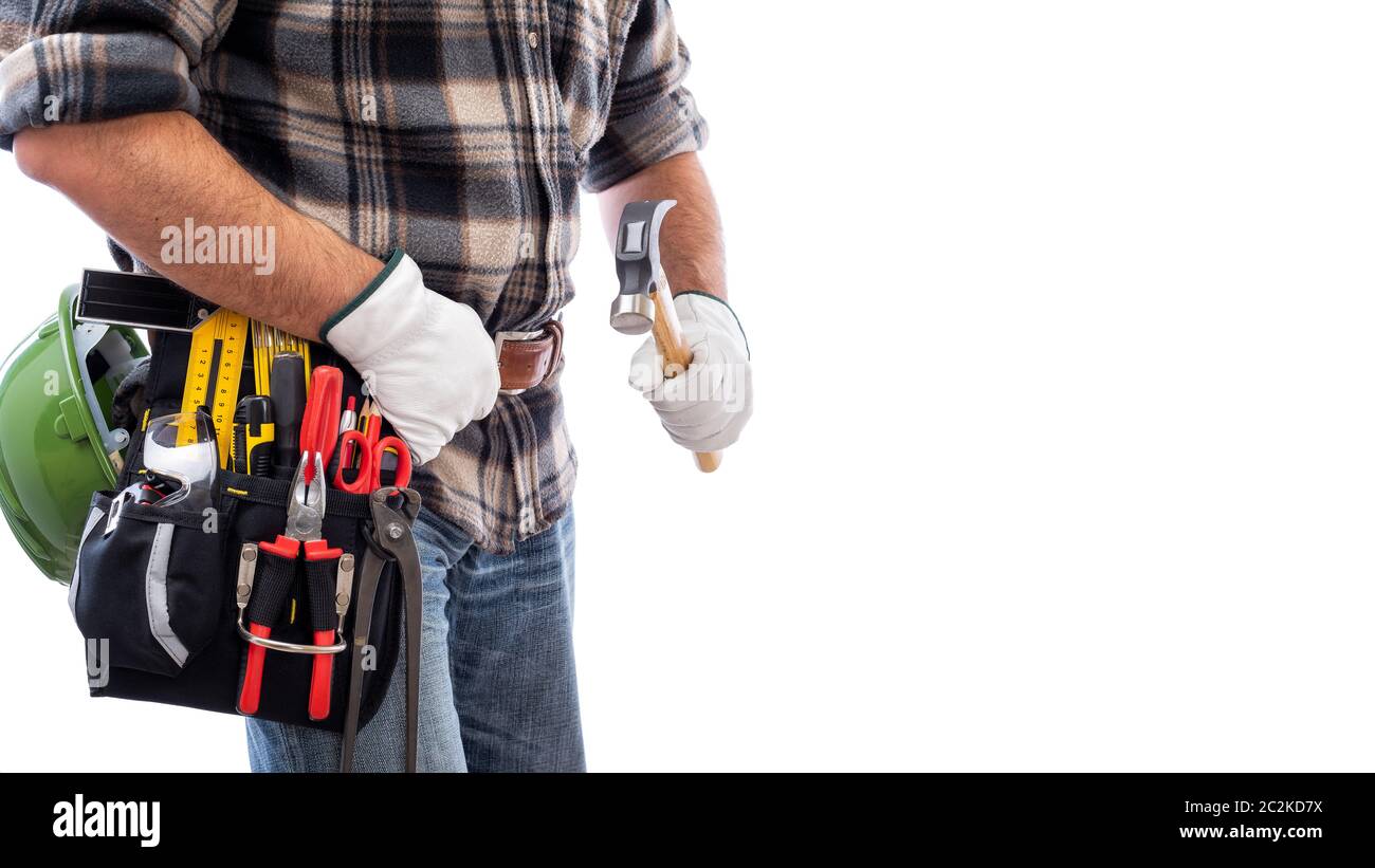 Carpenter isolated on white background, he wears leather work gloves ...