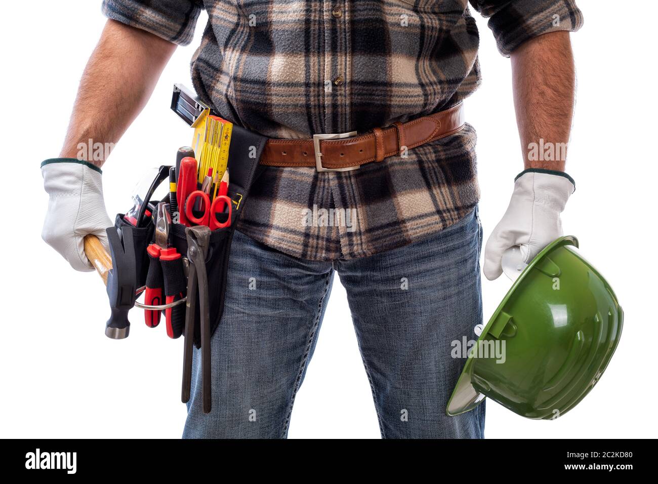 Carpenter isolated on white background, he wears leather work gloves ...