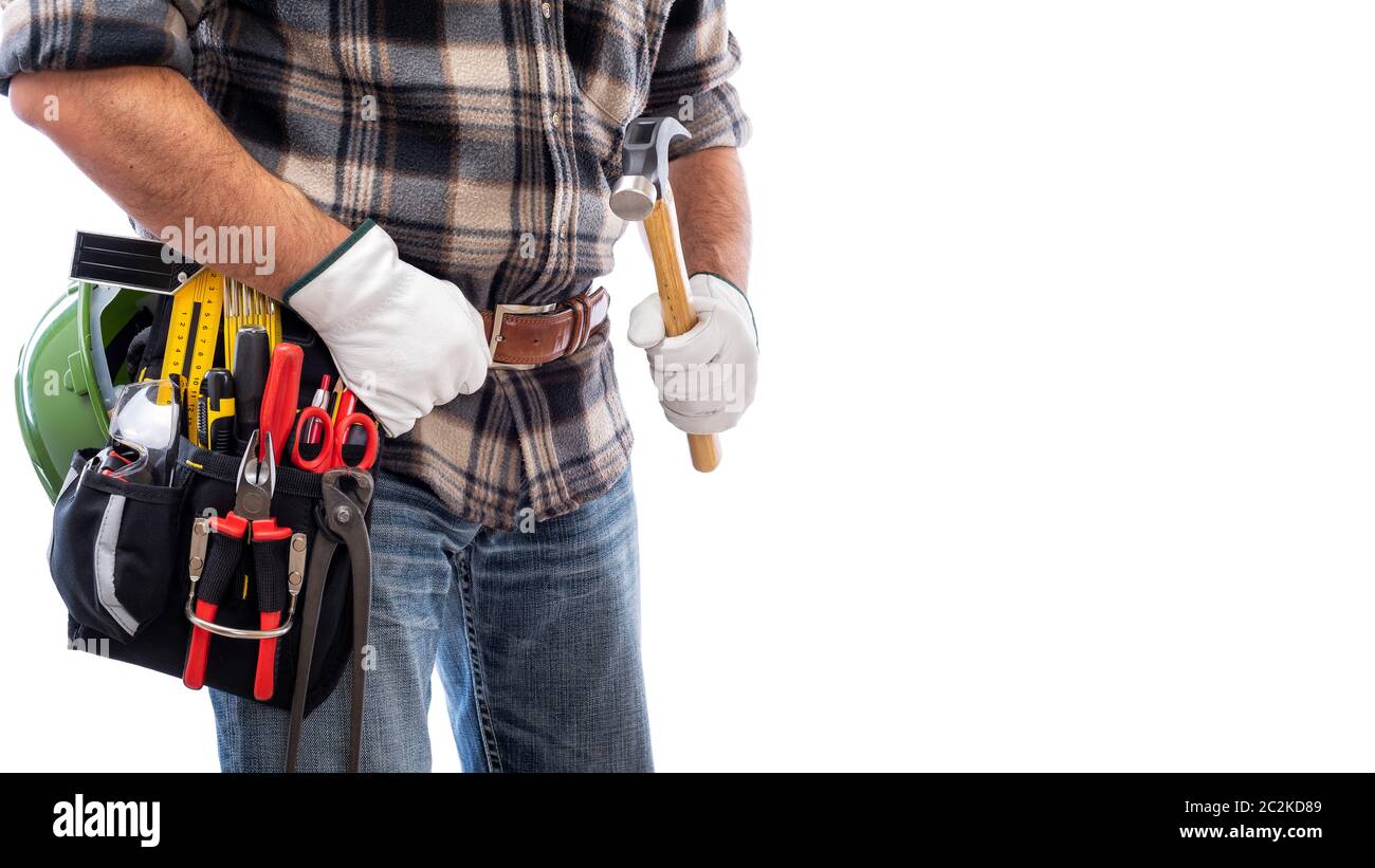 Carpenter isolated on white background, he wears leather work gloves ...