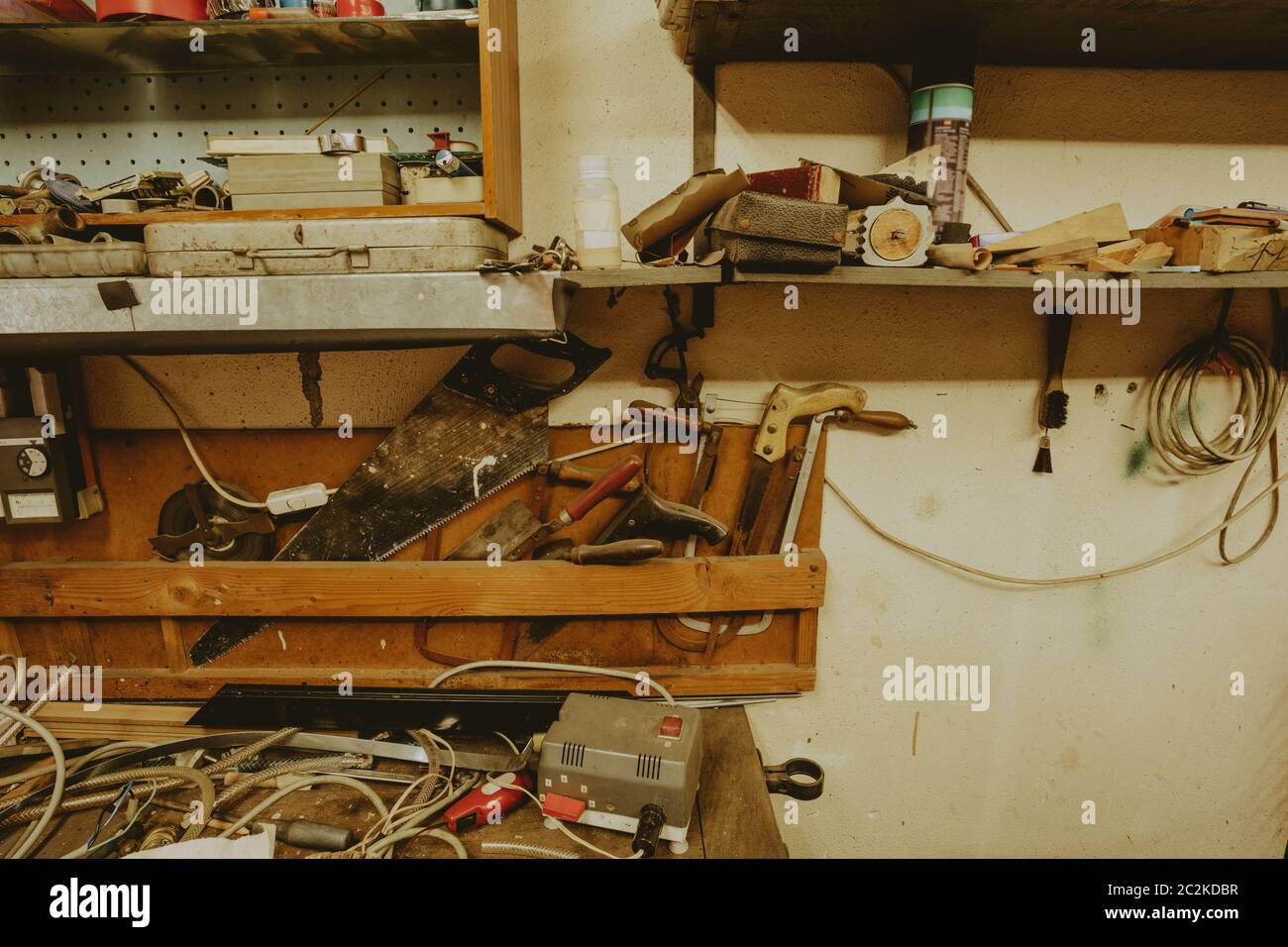 workshop room, untidy, ready for work, vintage retro color tone Stock ...