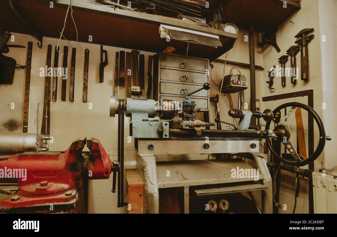 home workshop with all necessary tools for DIY, untidy, ready for work ...