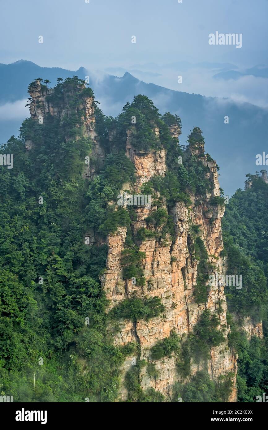 Vertical view of the stone pillars of Tianzi mountains in Zhangjiajie ...