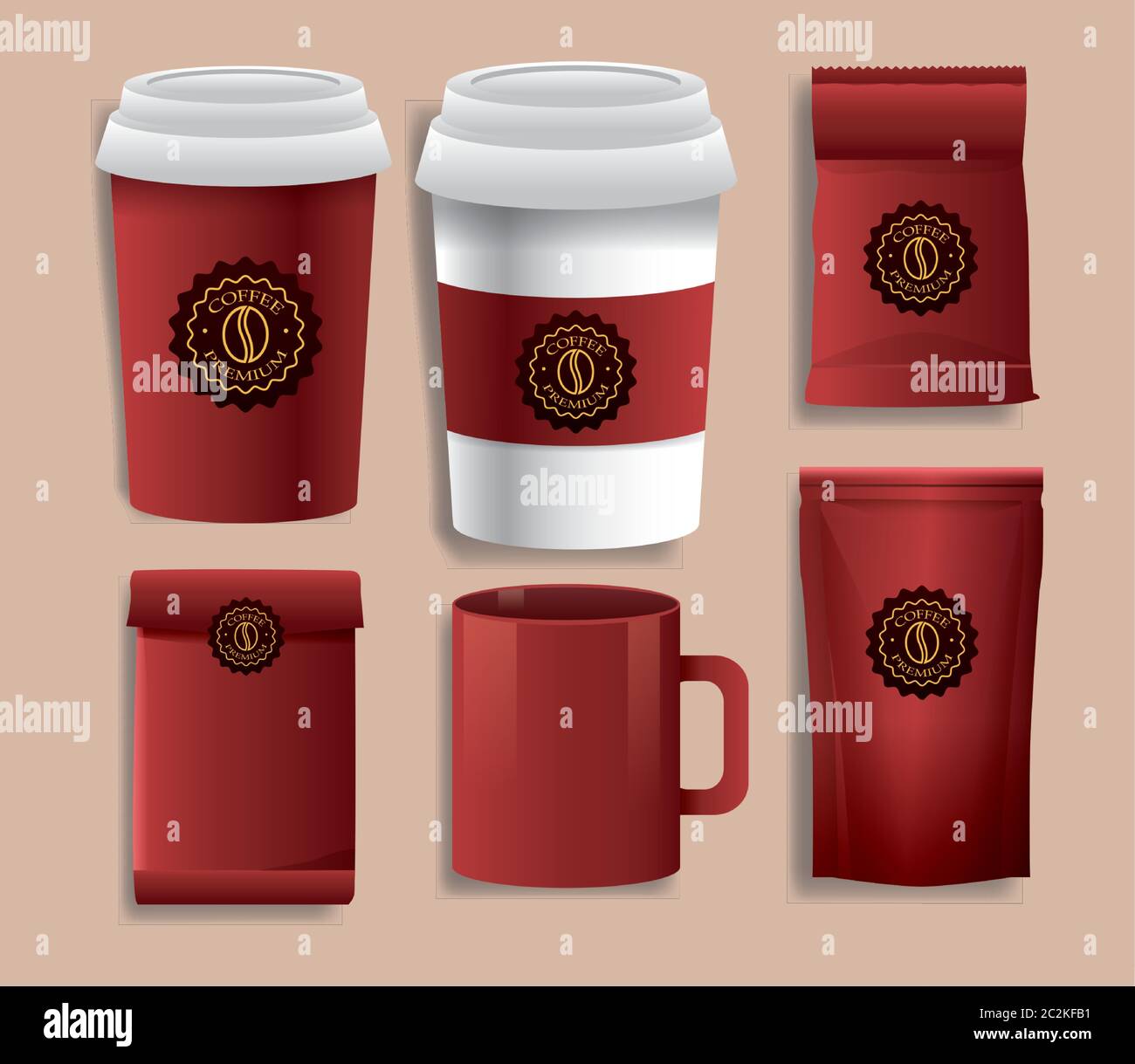 set of red elegant coffee packings products vector illustration design ...