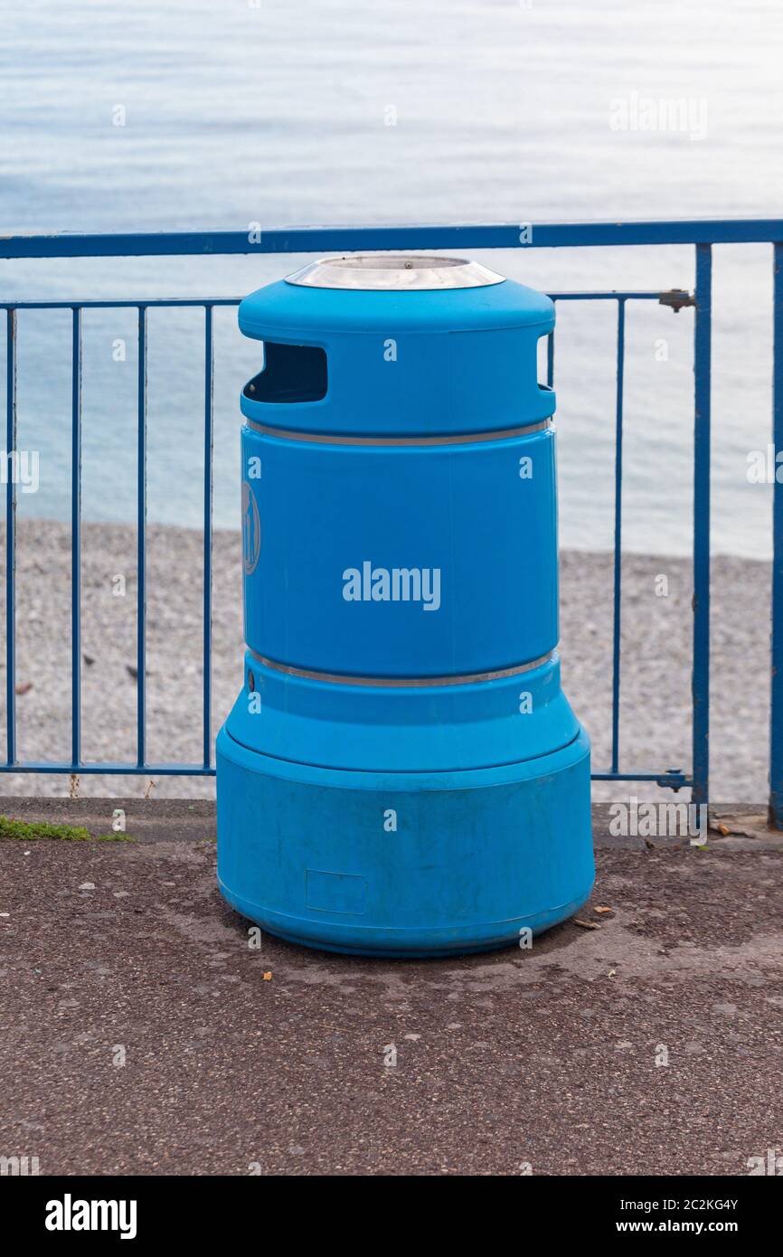 Big Blue Litter Bin at Nice Promenade France Stock Photo - Alamy
