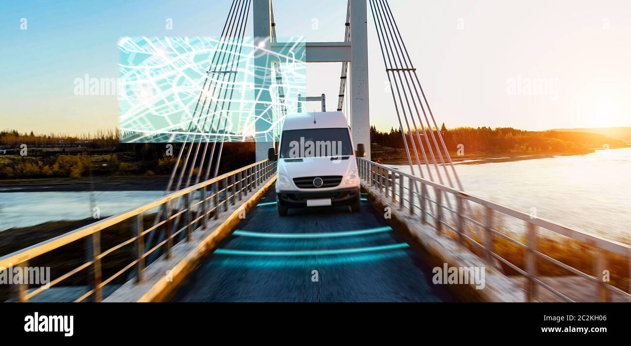 Autonomous transporter Car driving on a bridge highway with technology ...