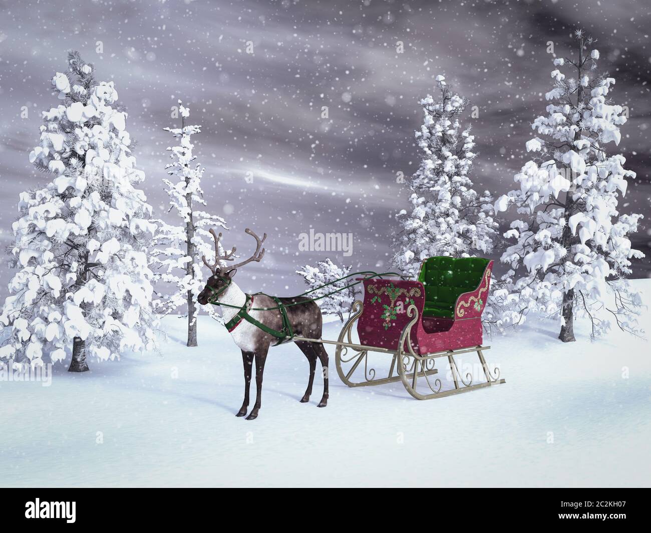 3D rendering of a reindeer pulling a sleigh waiting for Santa to come ...