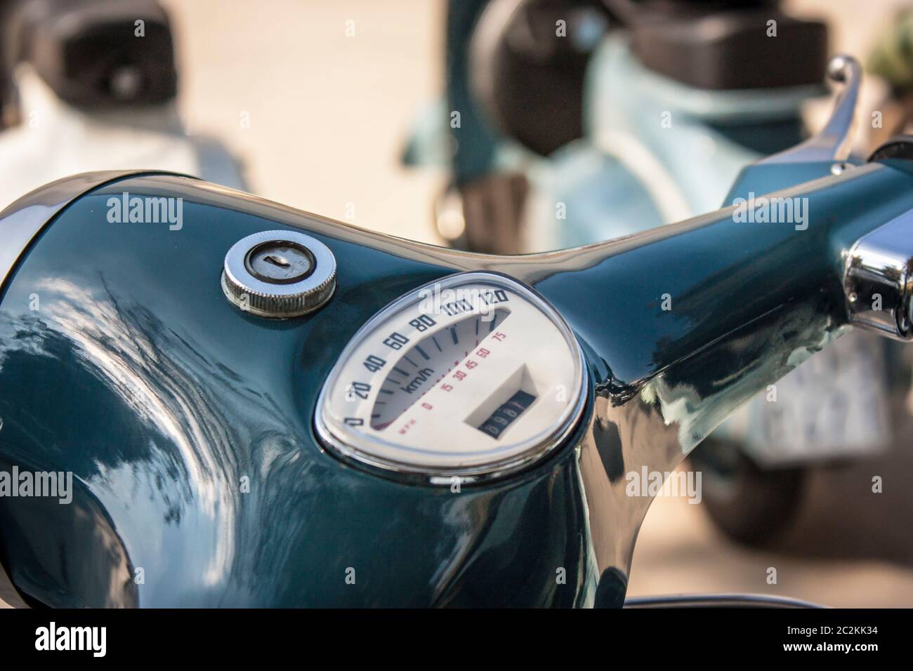 Detail of the handlebar and speedometer of a famous two-wheeled vehicle ...