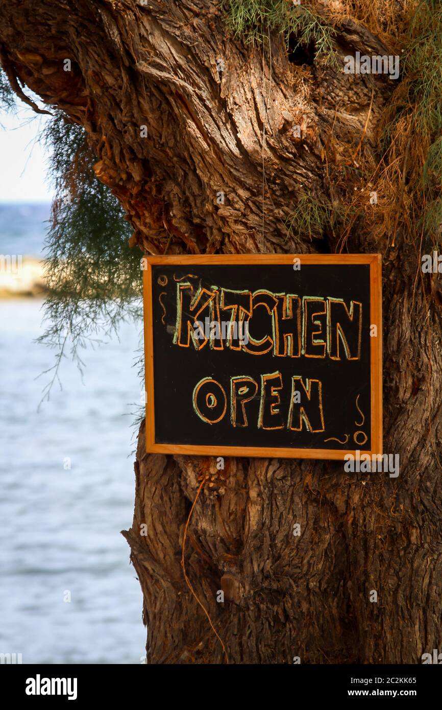 The kitchen is open, a sign indicates an open kitchen Stock Photo - Alamy