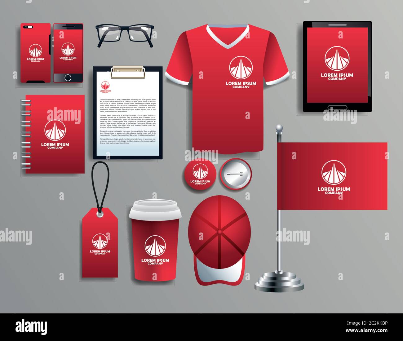 set of red elements with stationery templates vector illustration ...