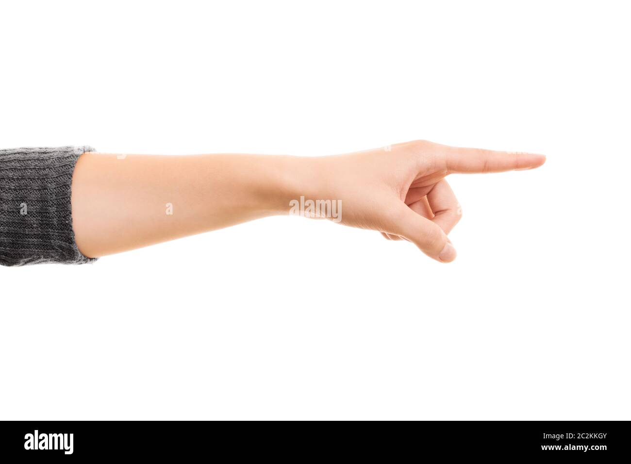 That way please. Cut out female hand pointing to a specific direction ...