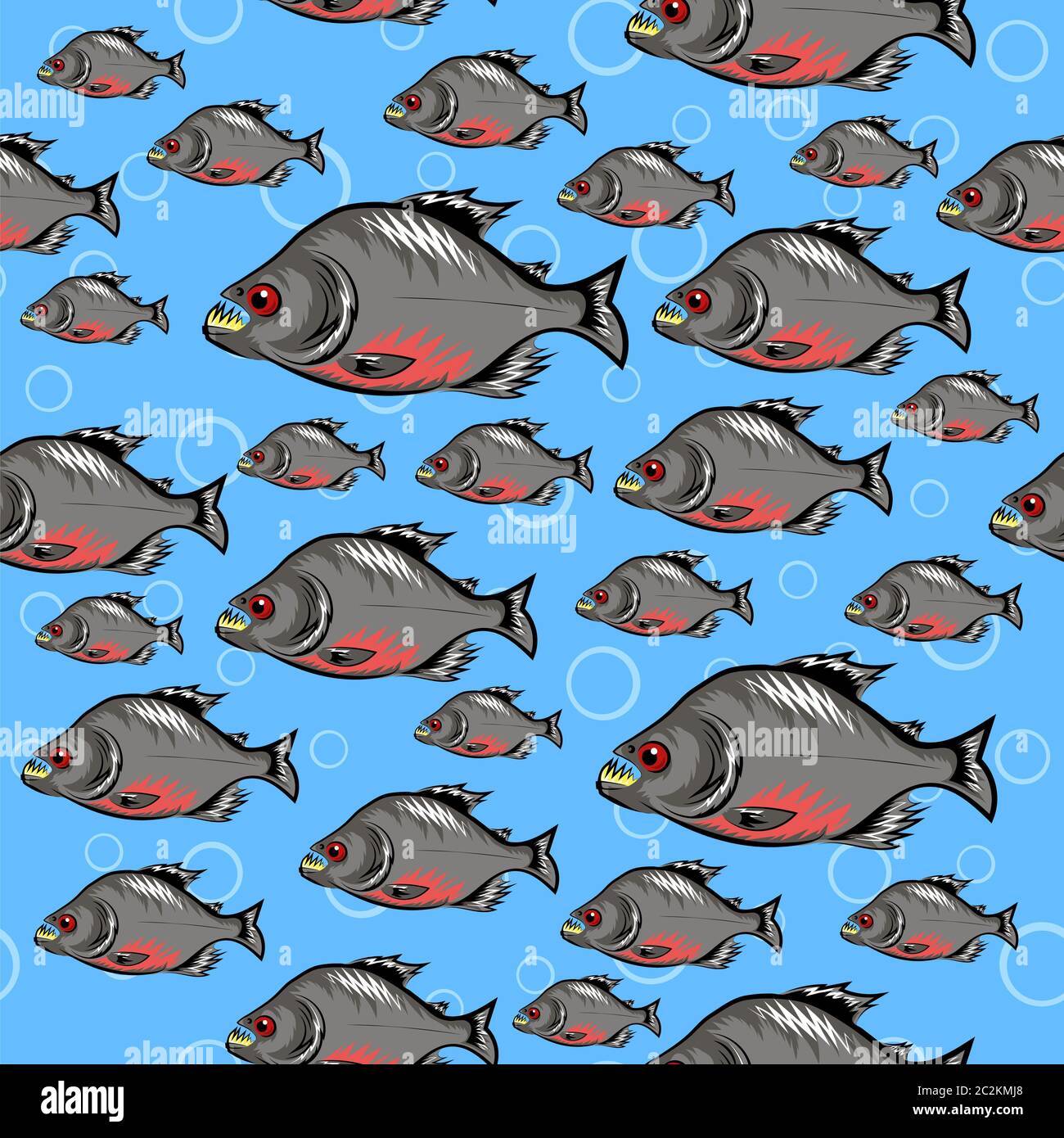 Cartoon Piranha Fish Swimming Seamless Pattern on Blue Background Stock ...