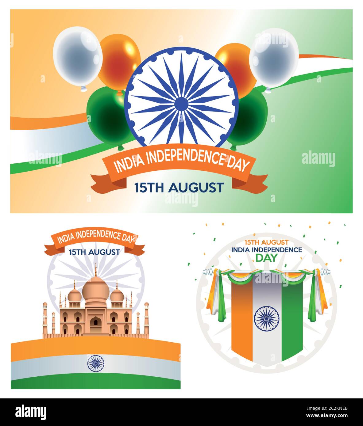 India independence day celebration with flags and set icons vector ...