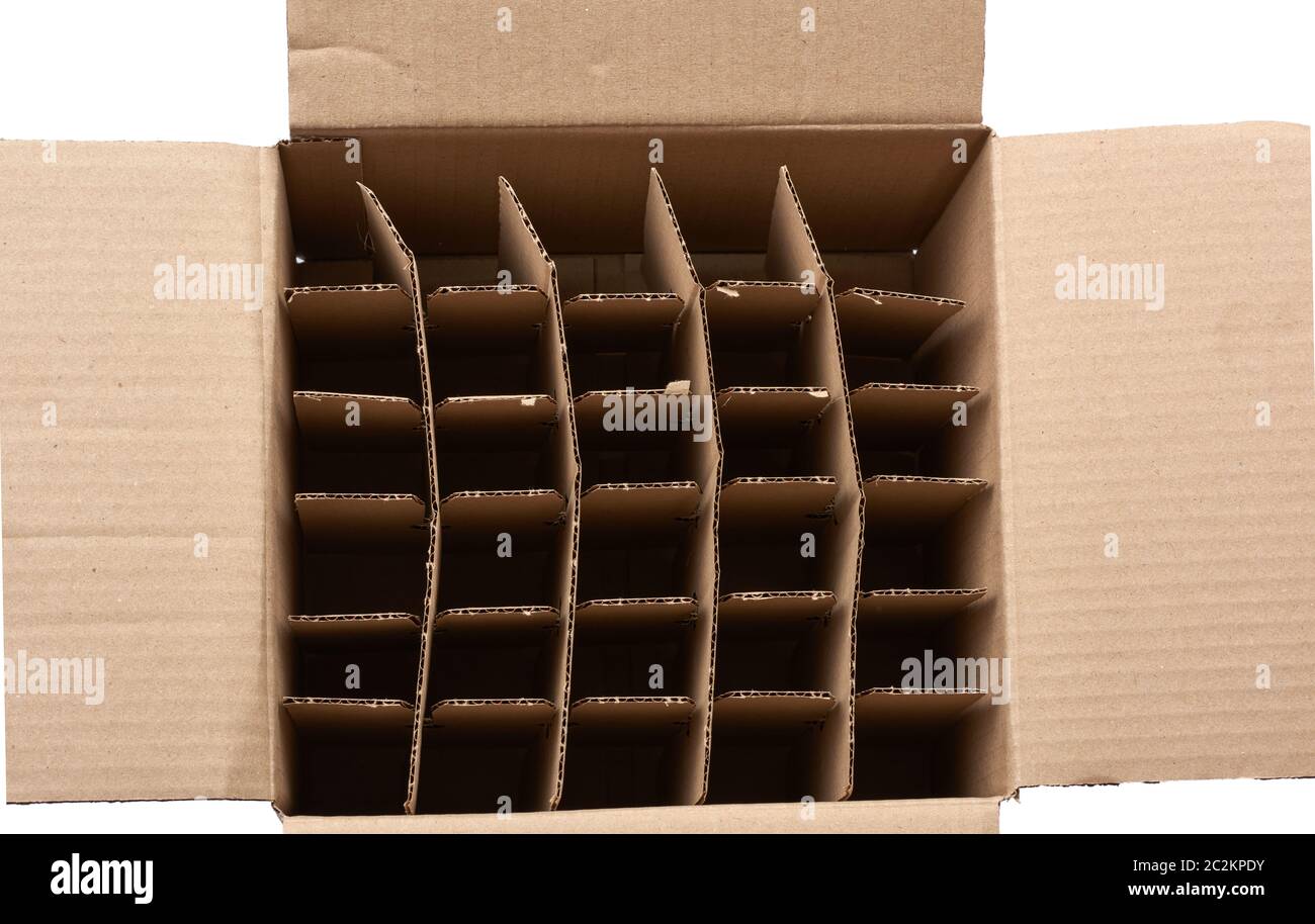 open empty cardboard box with partitions for transporting broken items ...
