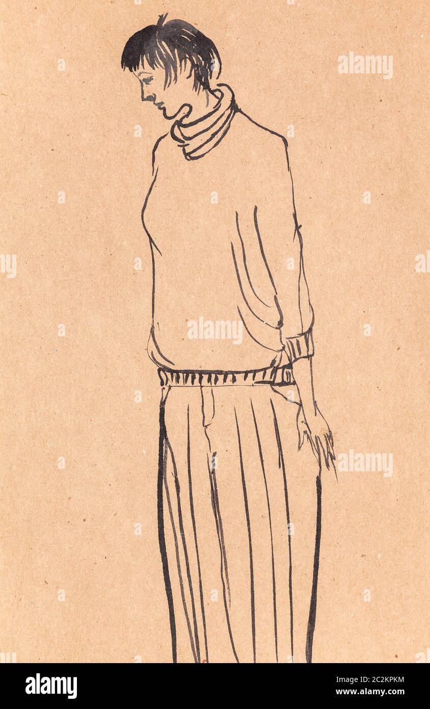 tall woman in sweater and wide pants hand drawn in sumi-e style by ...