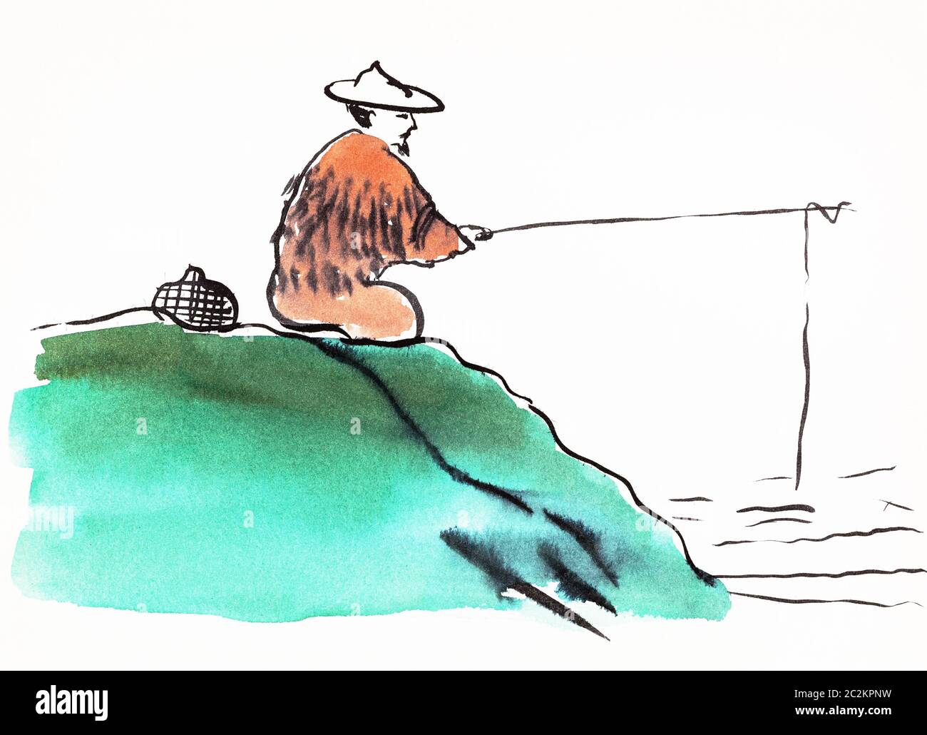 chinese fisherman fishing with fish-rod hand drawn in sumi-e style by ...