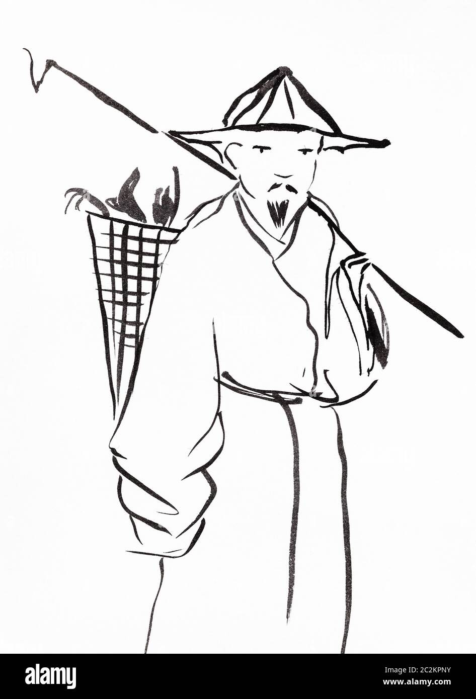 chinese peasant with basket on the back hand drawn in sumi-e style by ...
