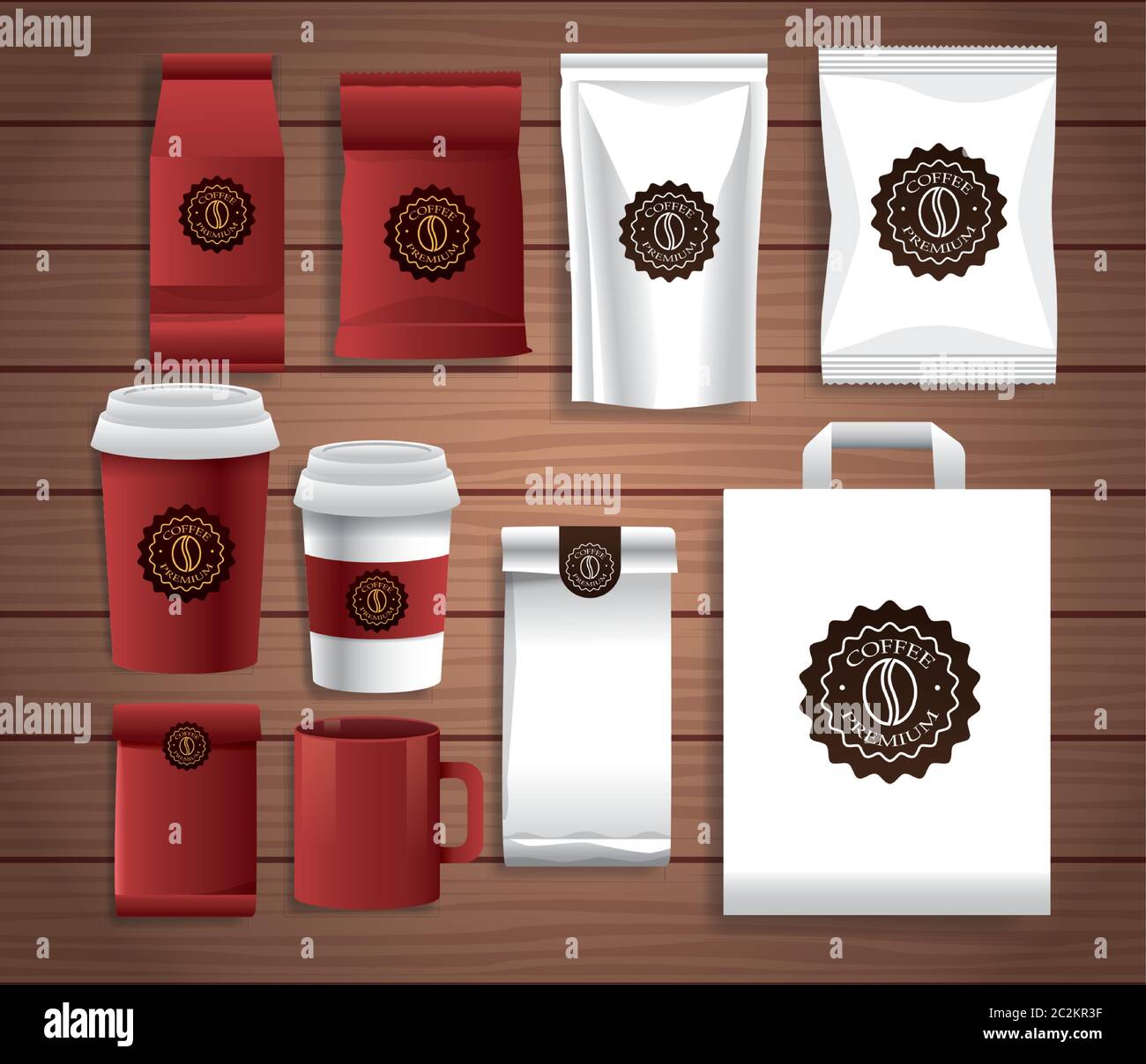 set of elegant coffee packings with differents colors in wooden ...