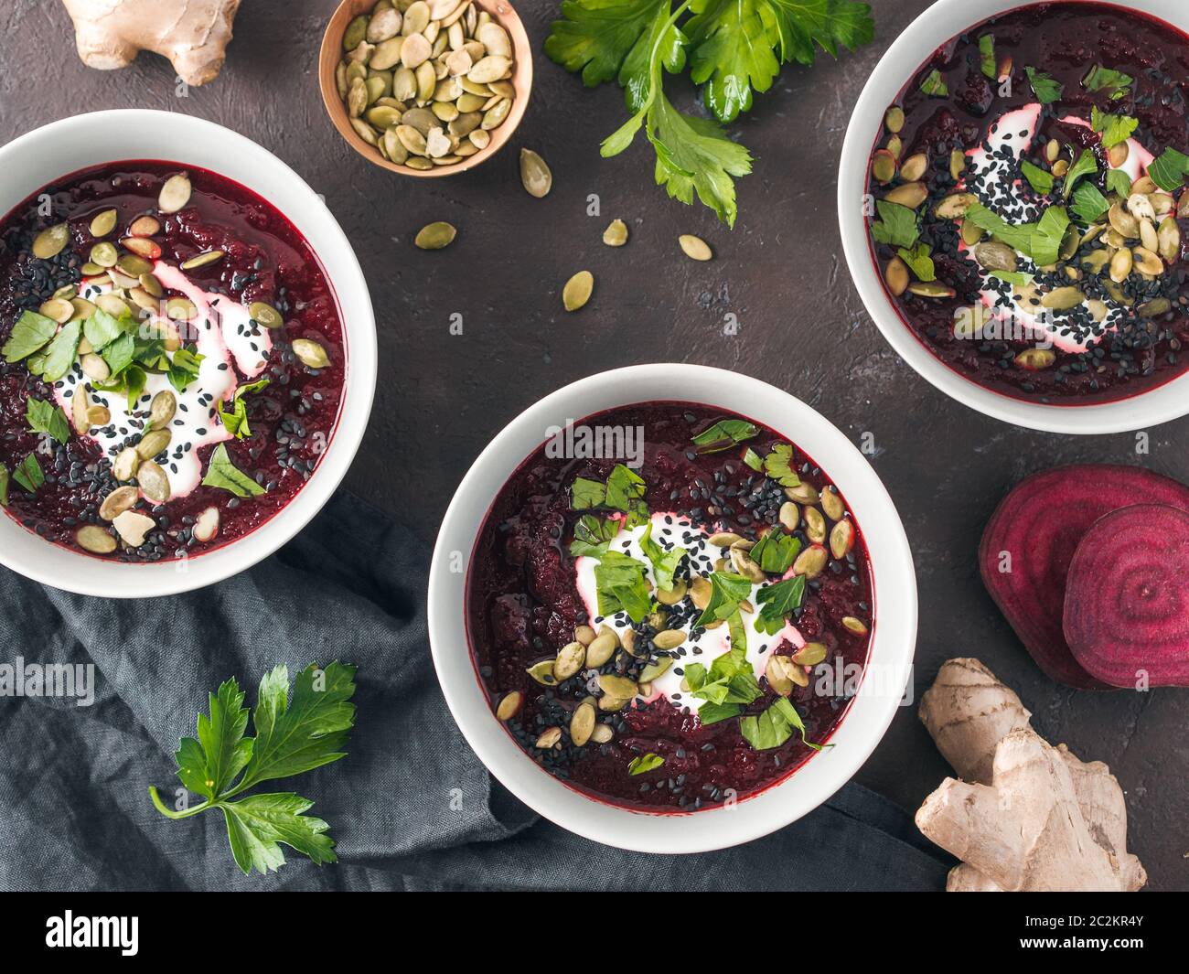 Beetroot ginger soup puree, top view Stock Photo - Alamy