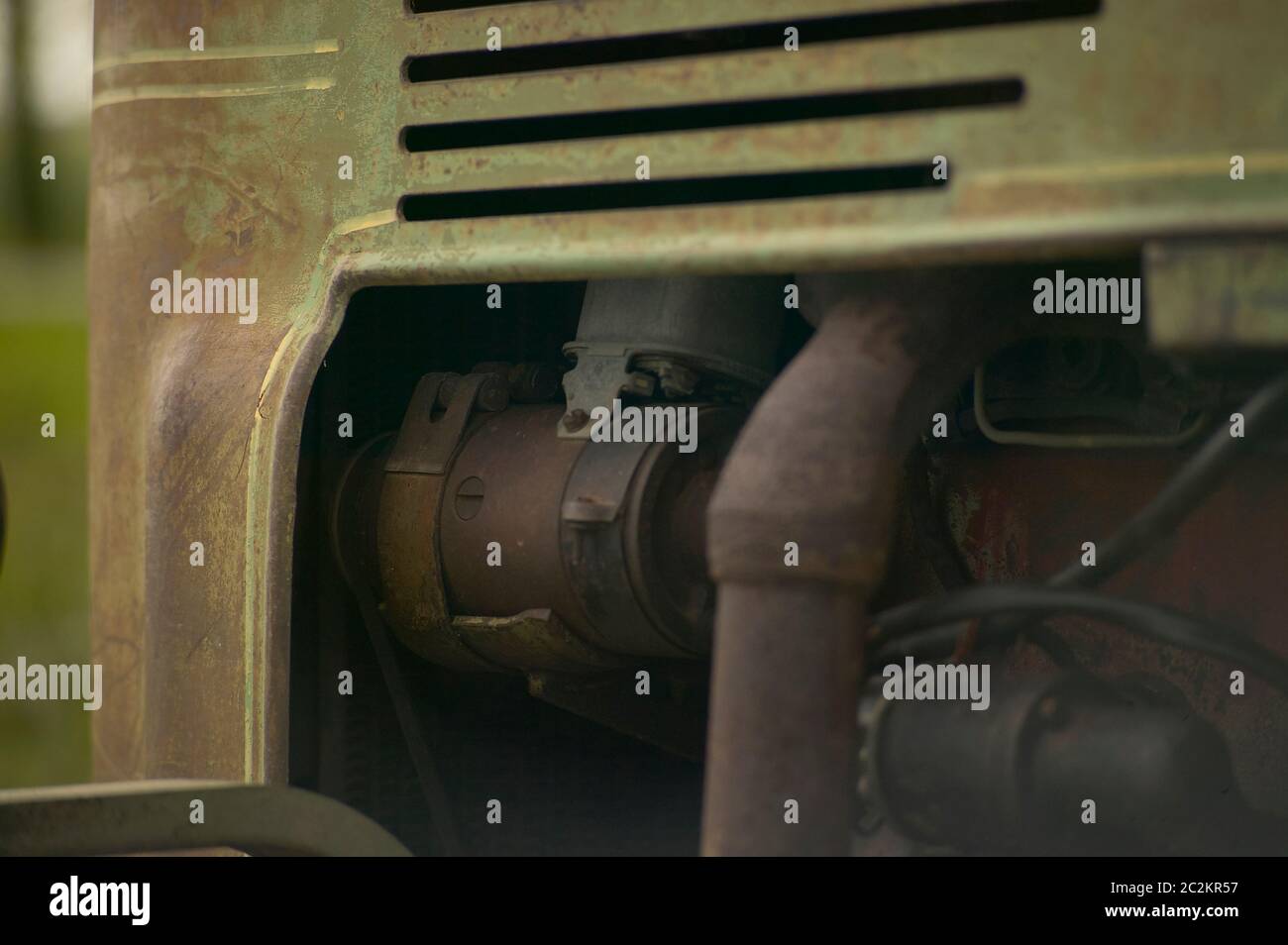 Detail of the engine with its components, including the starter, in ...