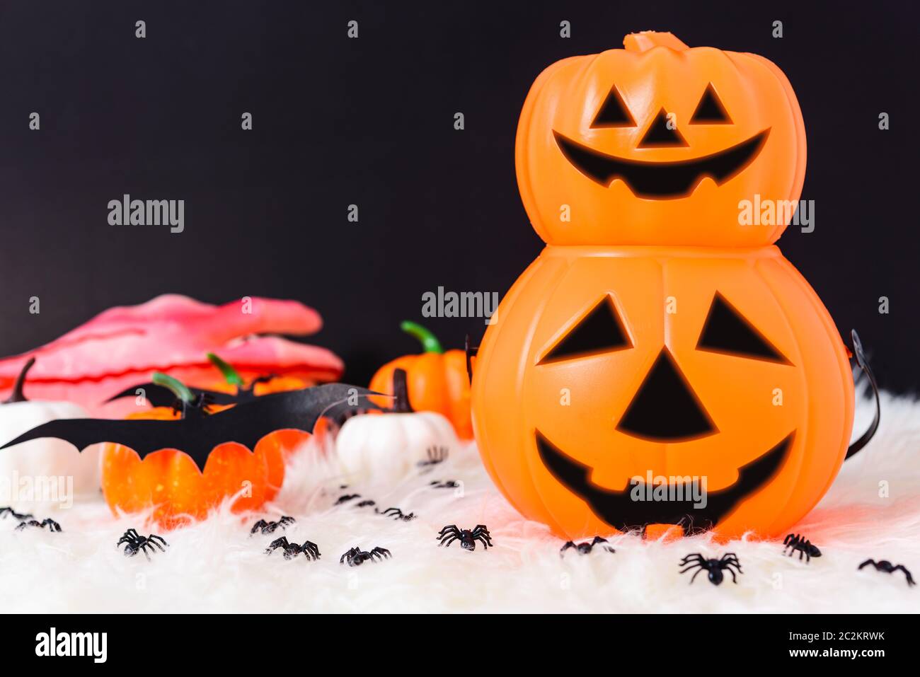 Pumpkin Jack creepy, spider and bat in photo, Halloween day concept on ...
