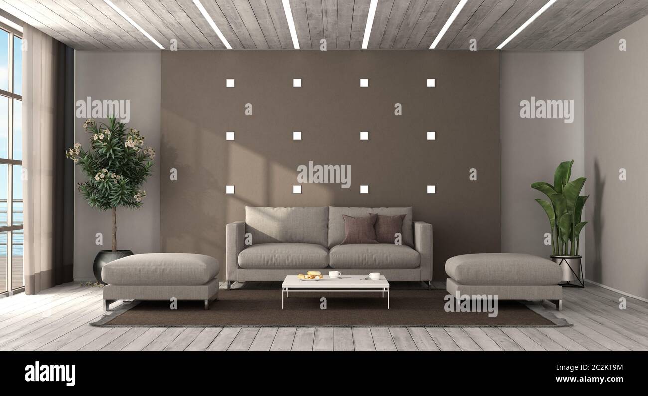 Living room with modern furniture and led light on wooden ceiling - 3d ...
