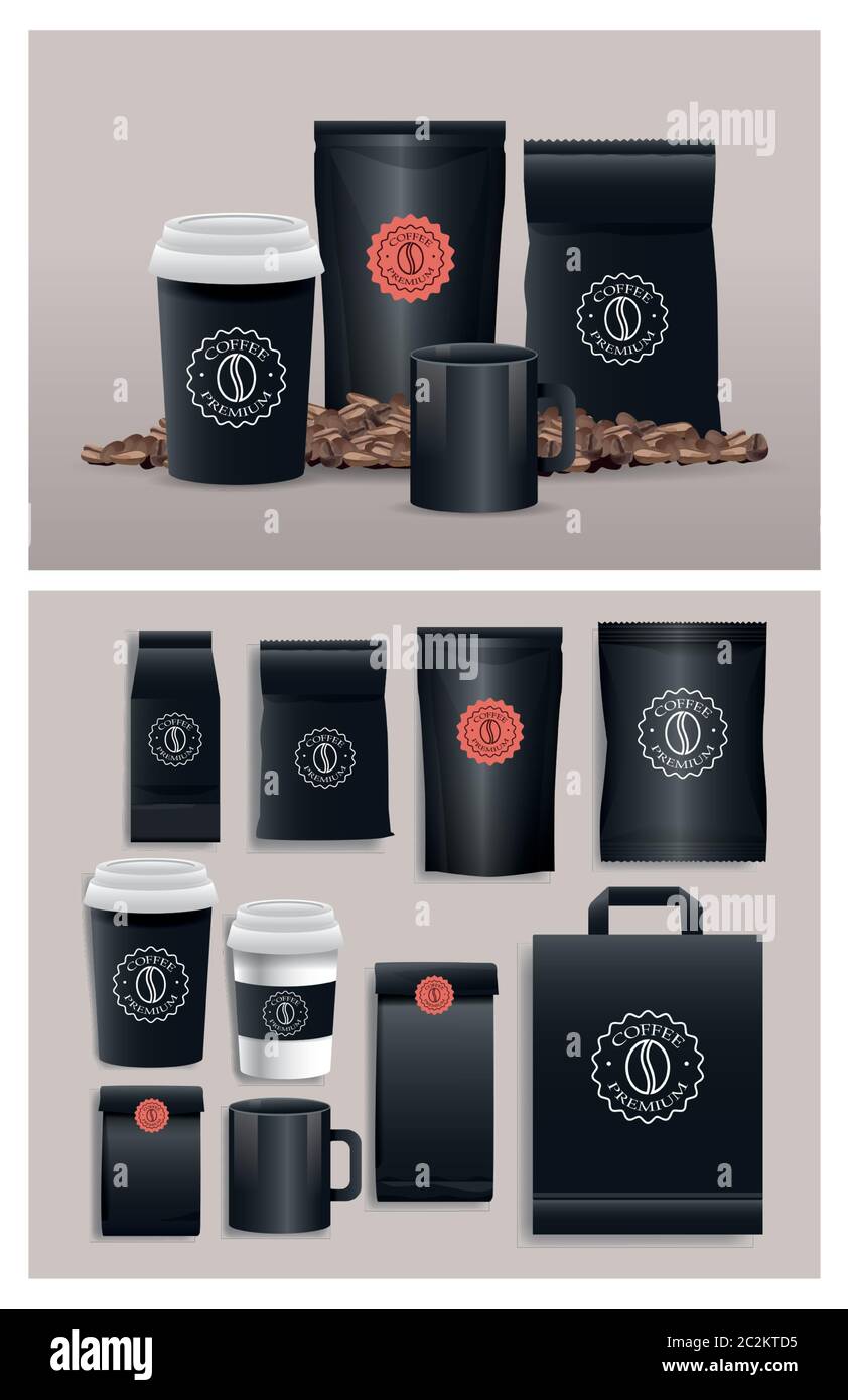 set of black elegant coffee packings products vector illustration ...