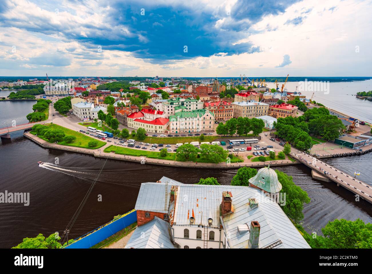 View on Vyborg city from above. Old town in foreground and blue cloudy ...
