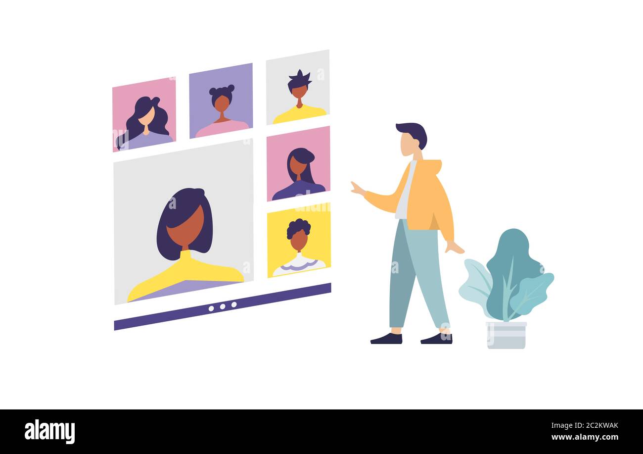 vector employee talk on video call with diverse colleagues. video ...