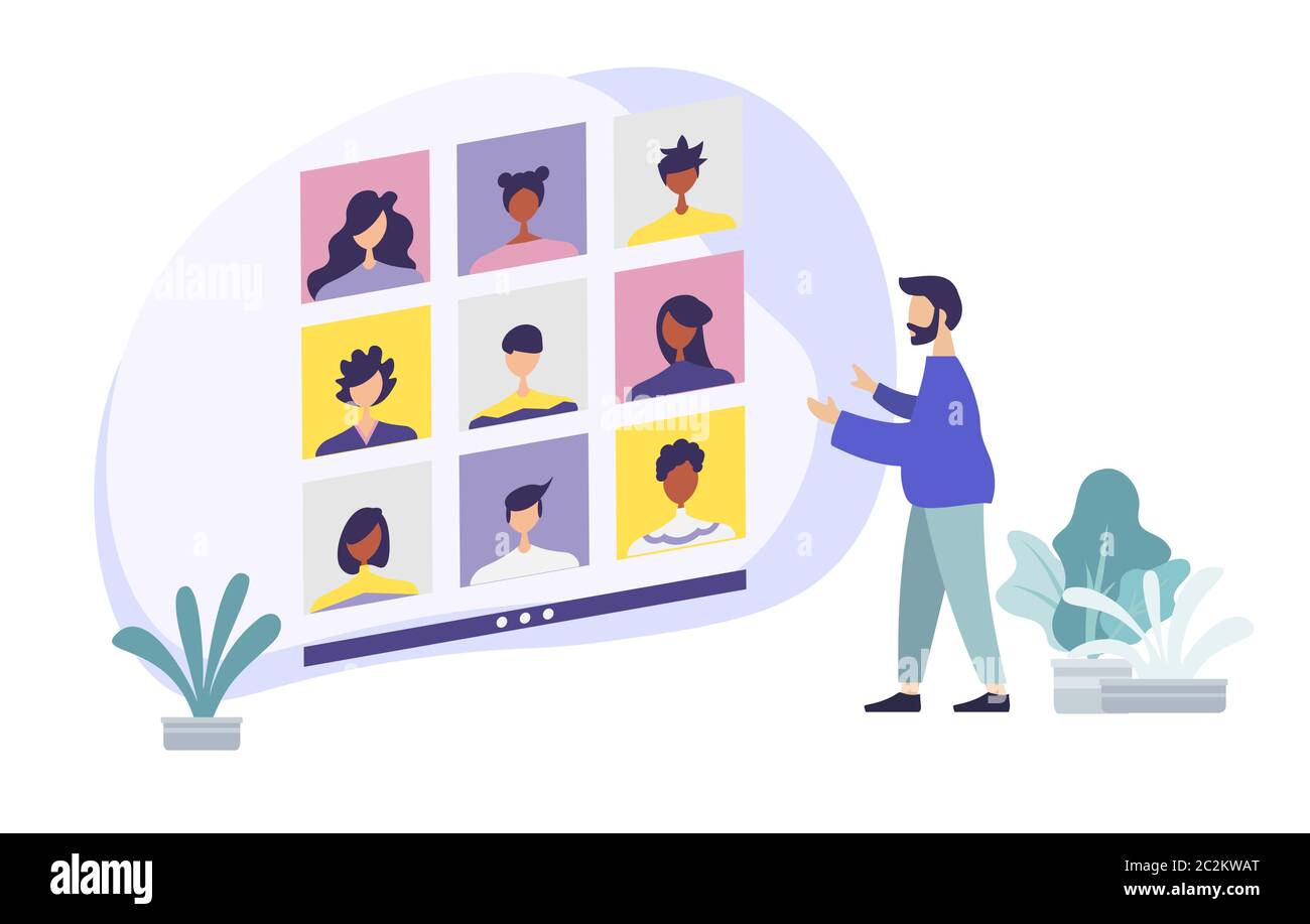 vector employee talk on video call with diverse colleagues. video ...