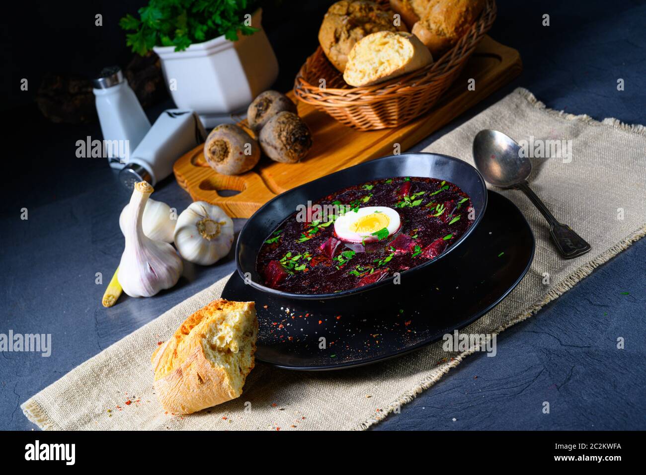 Delicious beetroot borscht with egg Stock Photo - Alamy