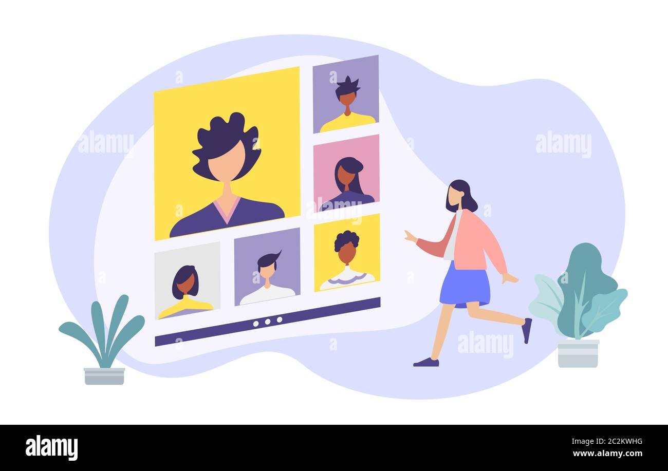 vector employee talk on video call with diverse colleagues. video ...