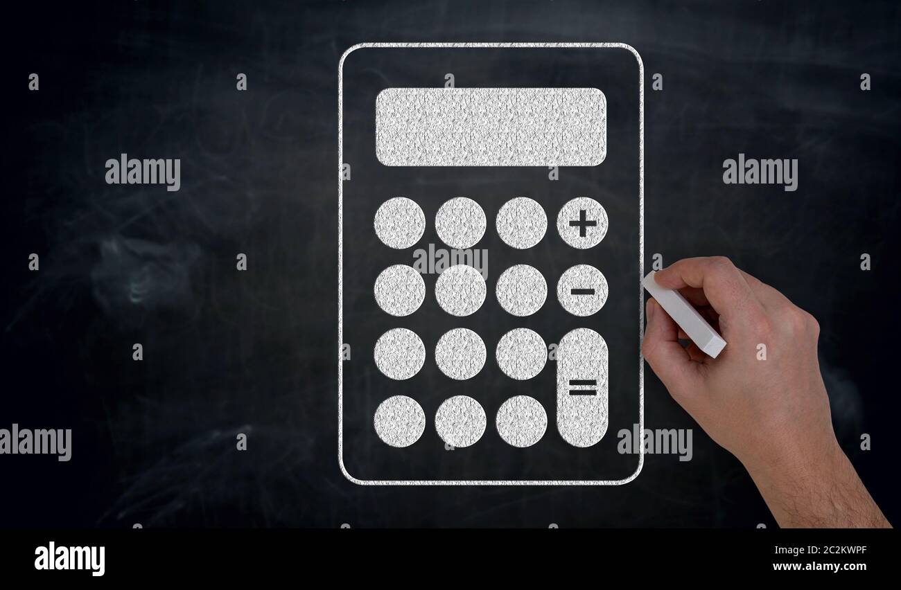 Hand paints with chalk Calculator on blackboard concept Stock Photo - Alamy