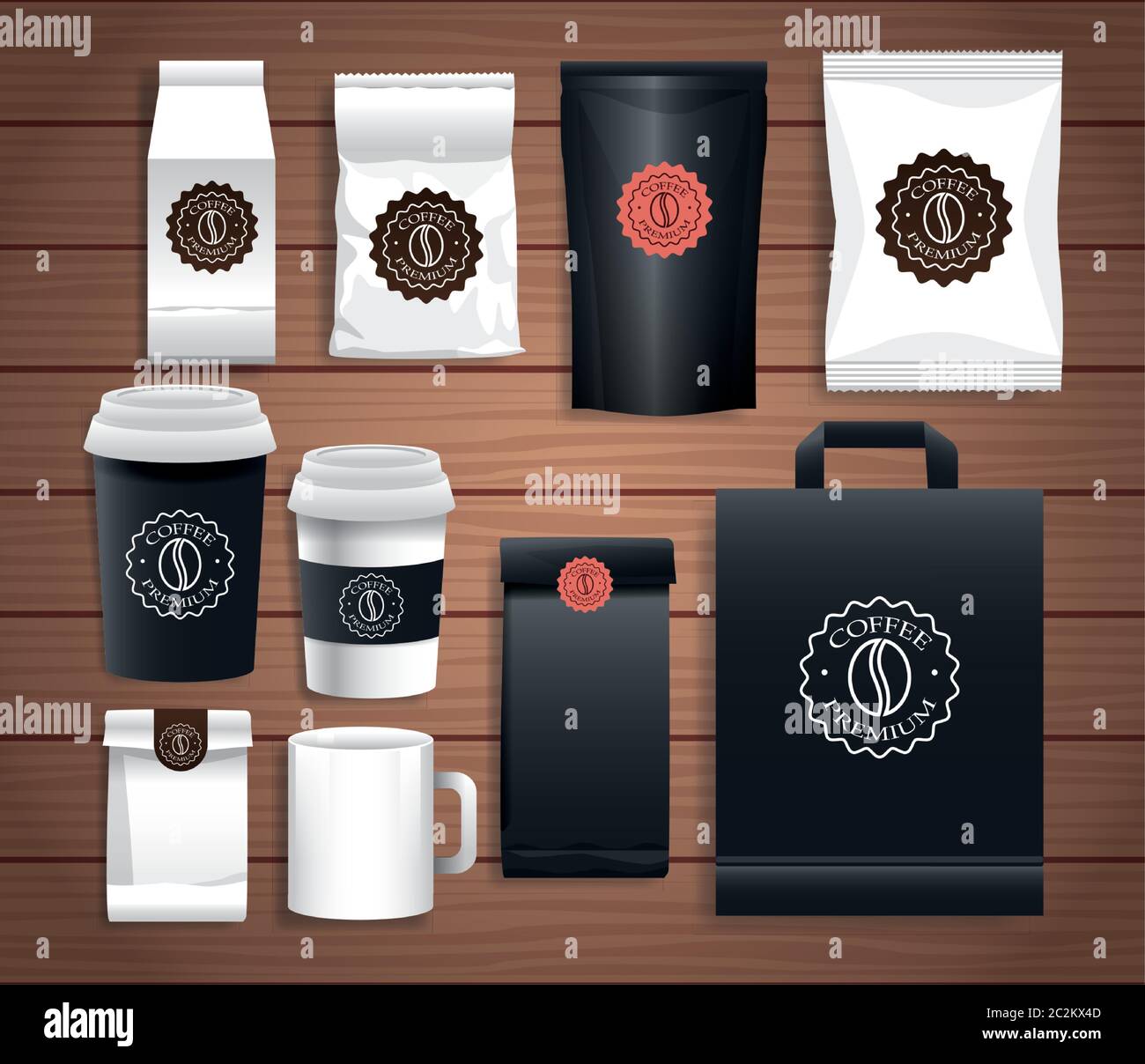 set of elegant coffee packings with differents colors in wooden ...