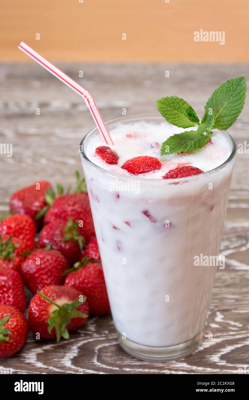 strawberry milkshake with fresh fruits and mint leaves Stock Photo - Alamy