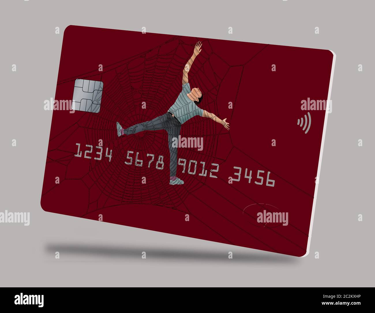 A man is trapped by his credit card debt and fees and is seen tangled ...