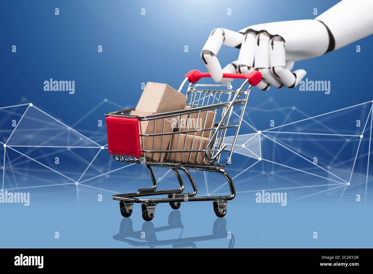 Robotic Hand Holding Miniature Shopping Cart Filled With Many Cargo ...