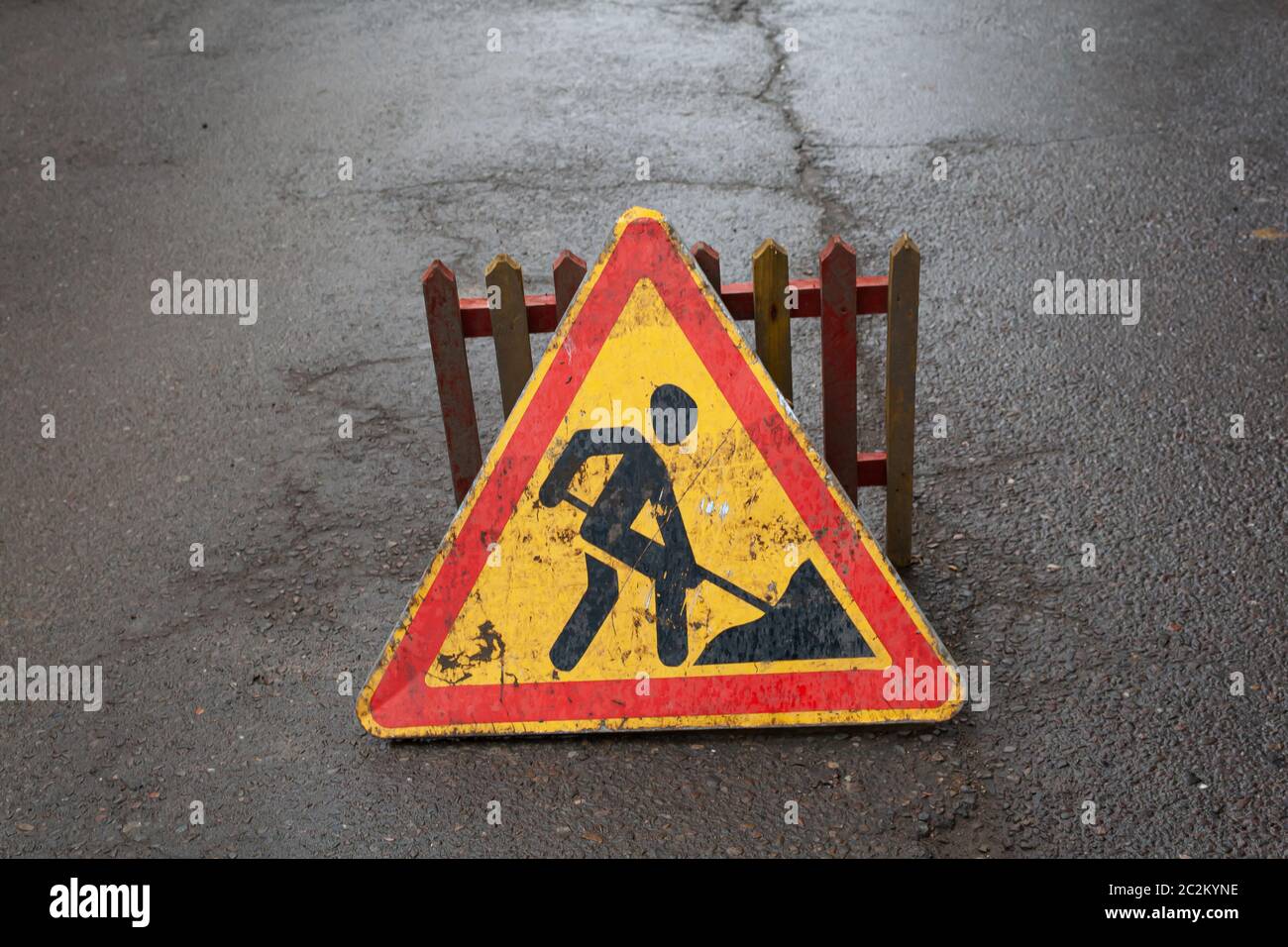 Road works sign for construction works in city street. Road under ...