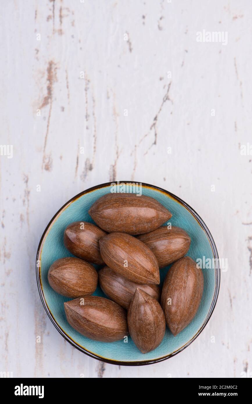 Pecan nuts with the nutshell on a white textured background, empty copy ...