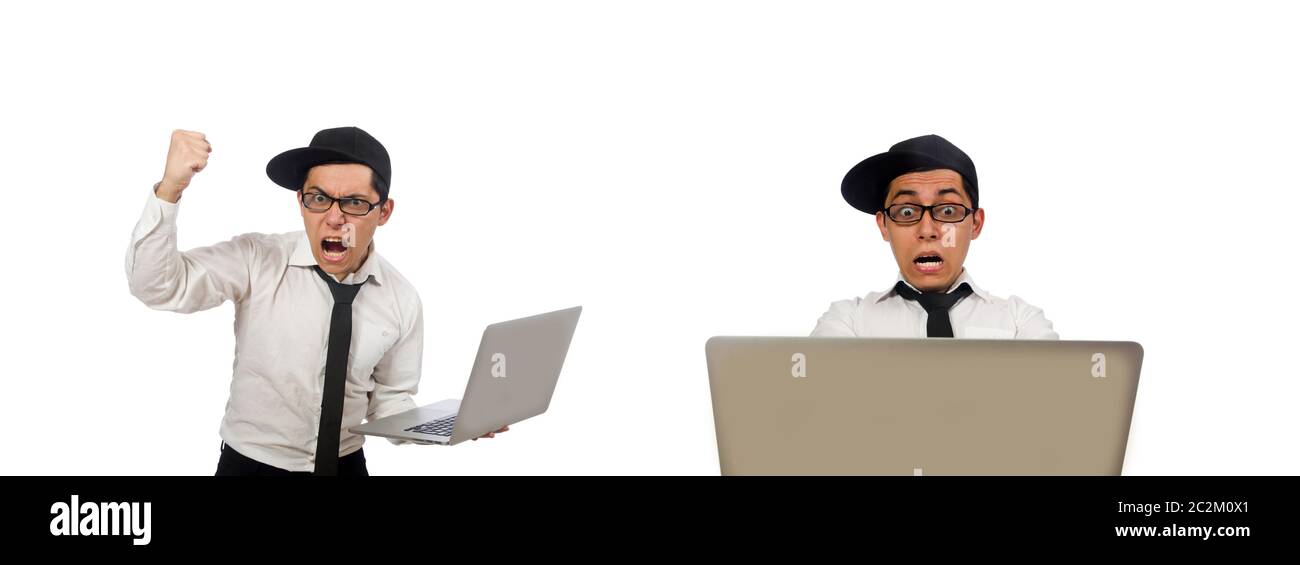 The young funny male programmer isolated on white Stock Photo - Alamy