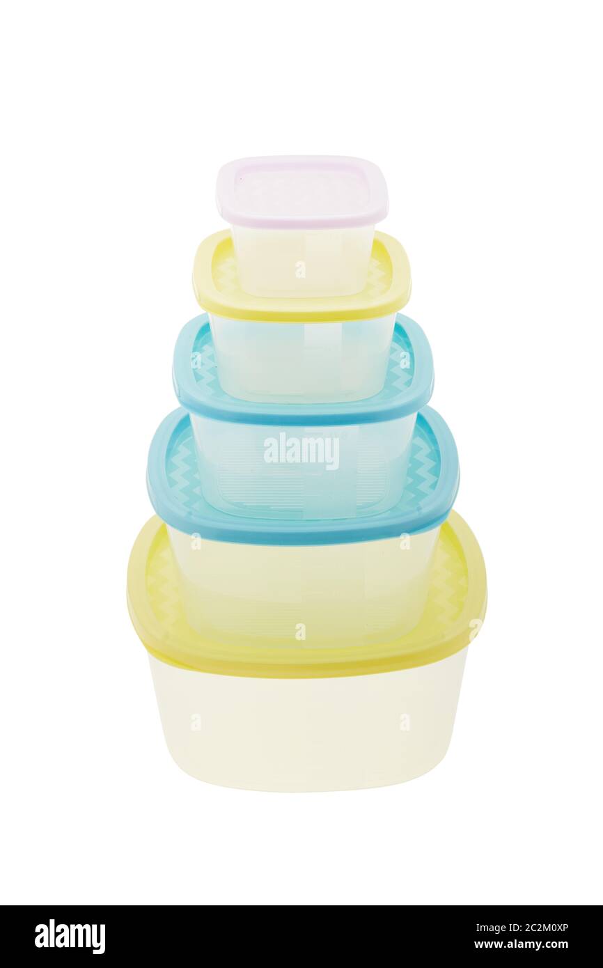 Set of empty transparent plastic containers for food isolated on white ...