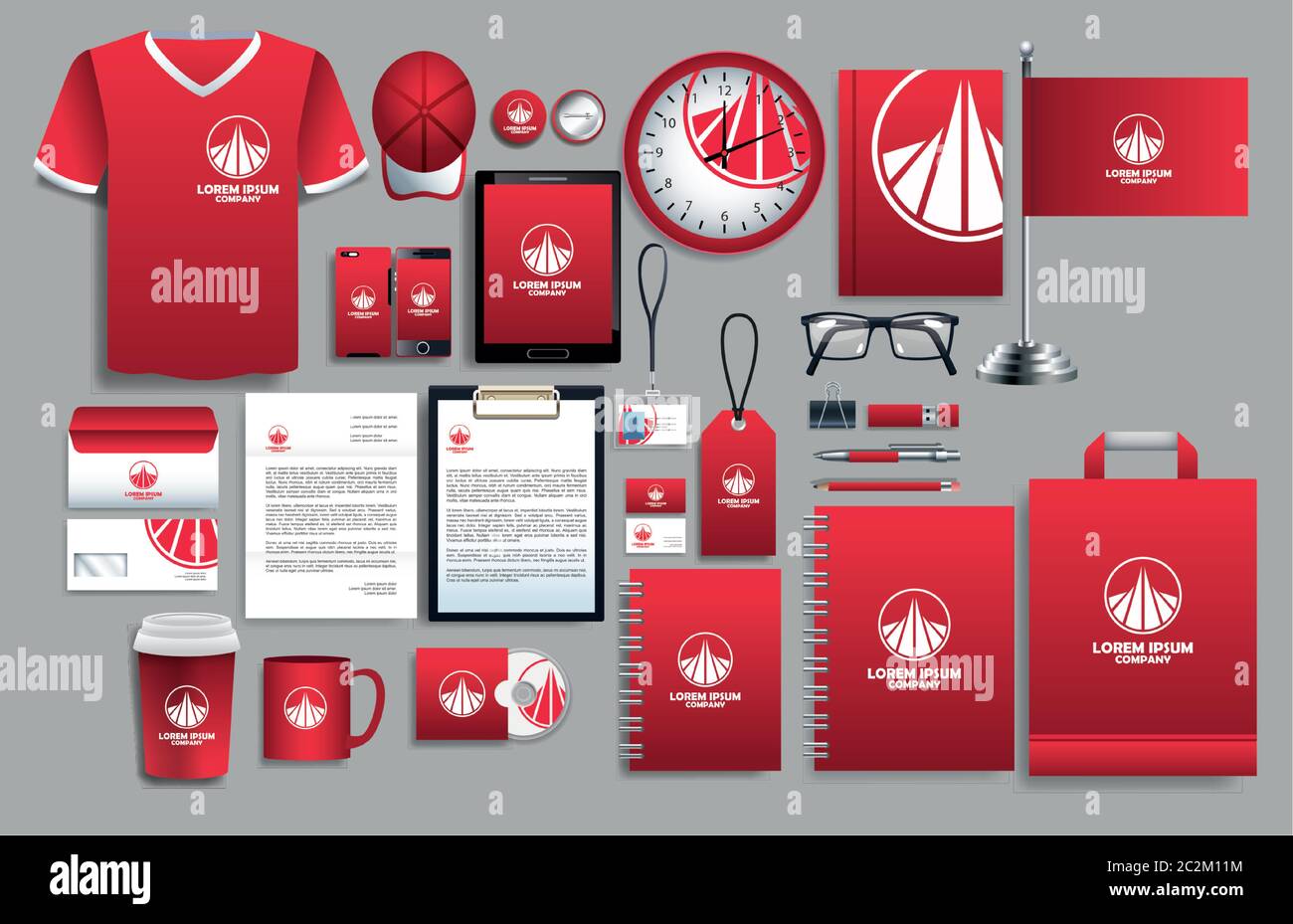 set of red elements with stationery templates vector illustration ...
