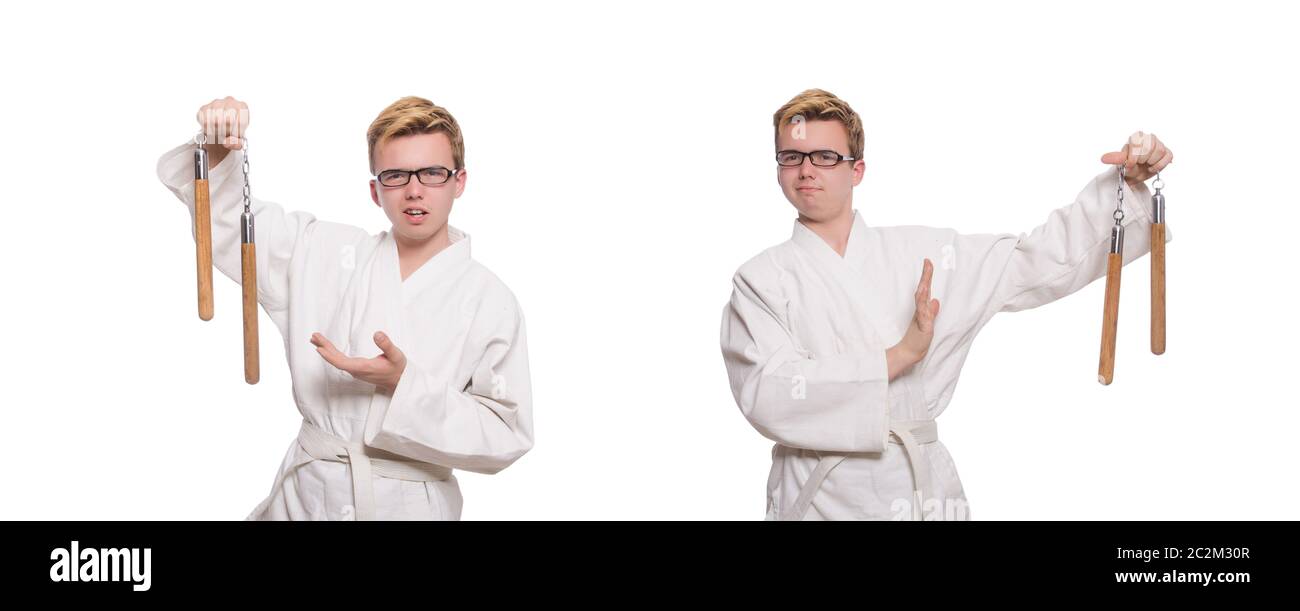 The funny karate fighter with nunchucks on white Stock Photo - Alamy