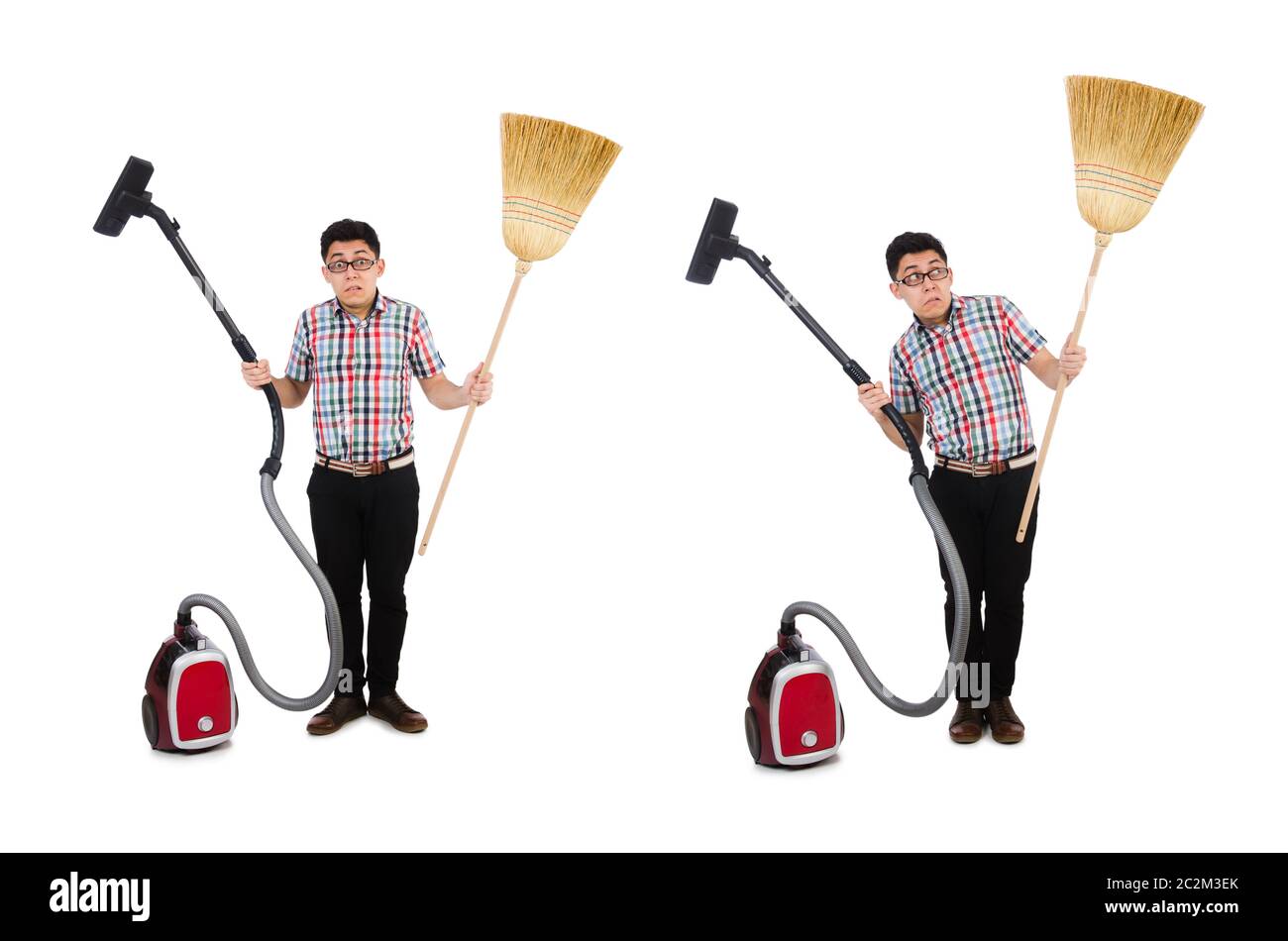 The man with vacuum cleaner and broom on white Stock Photo - Alamy
