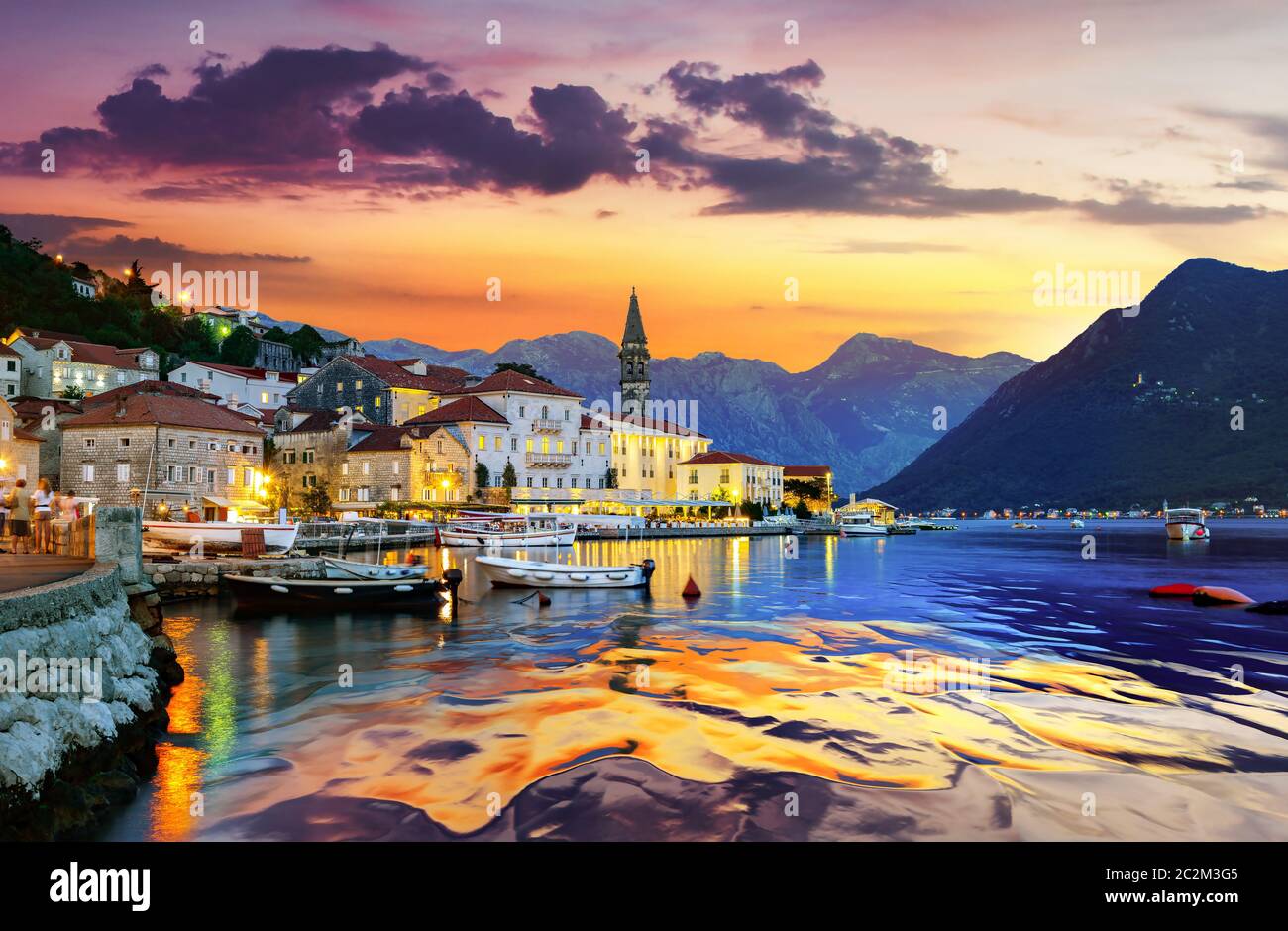 Historic city of Perast in the Bay of Kotor in summer at sunset Stock ...