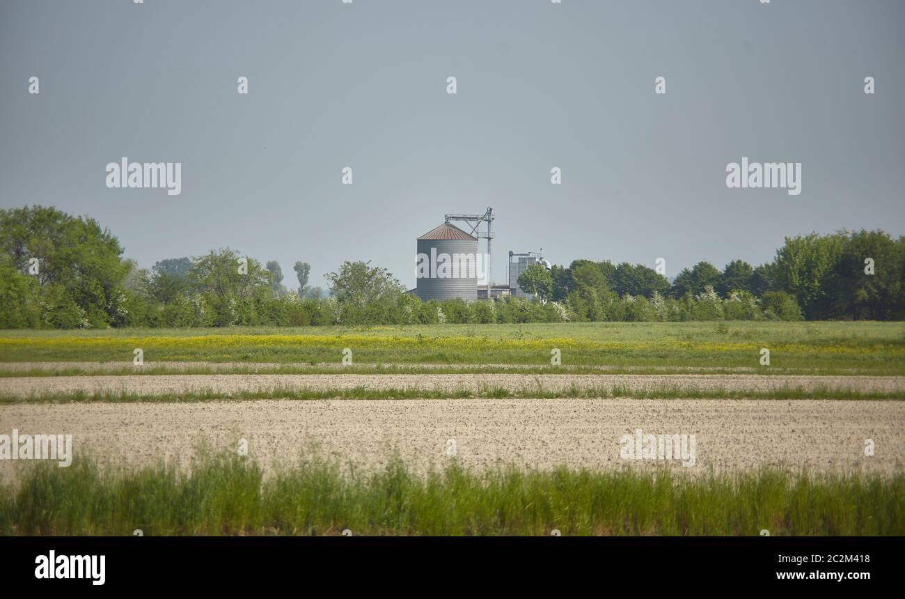 Cereal drying plant immersed in a rural landscape where the cereals are ...