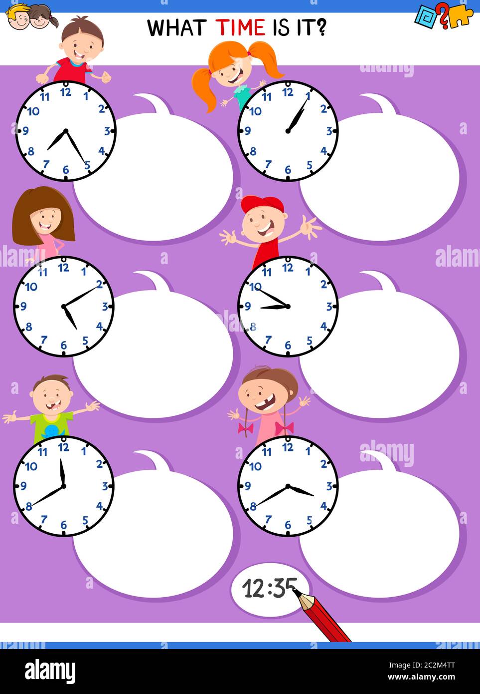 telling time educational task with kid characters Stock Photo - Alamy