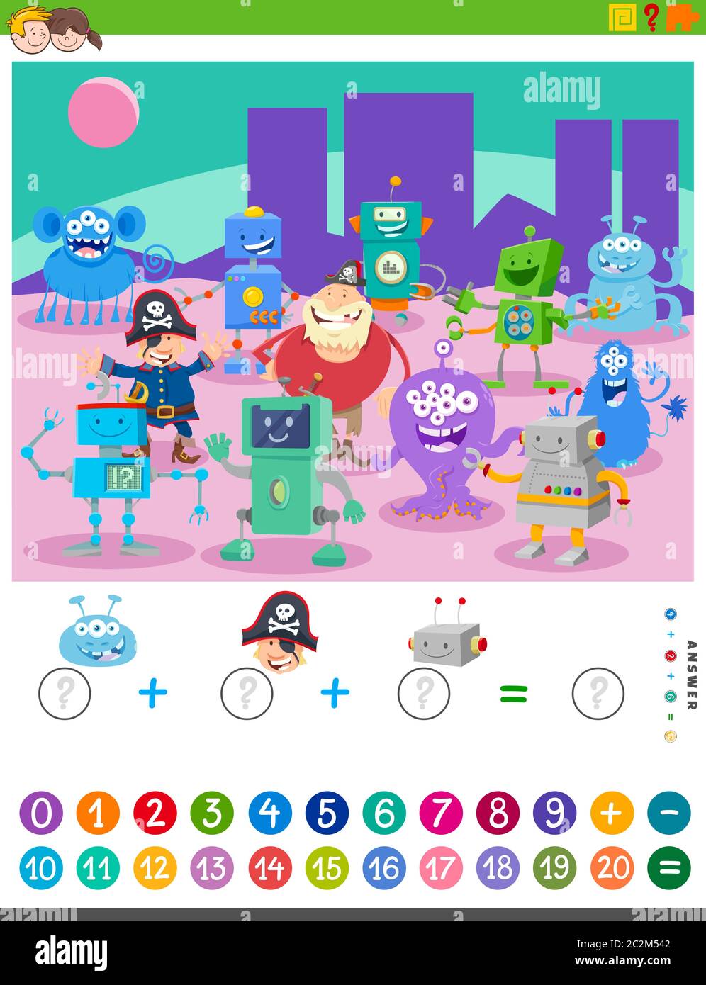 counting and adding task with cartoon characters Stock Photo - Alamy