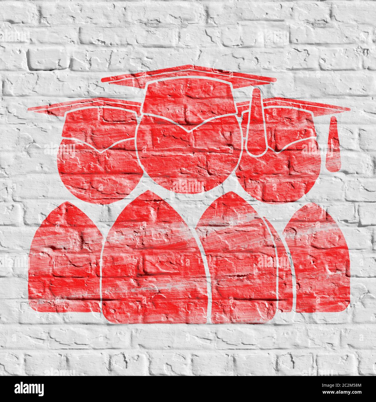 Red Icon of Human Silhouettes in Grad Hat on White Brick Wall. Grunge ...