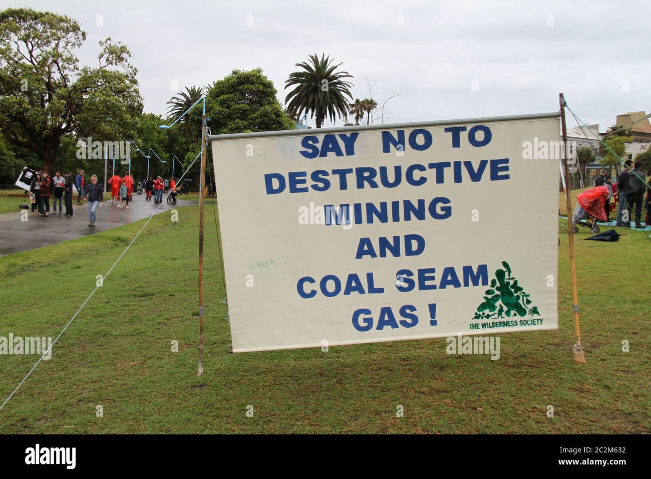 A banner erected at the climate change rally in Sydney reads: ‘Say no ...