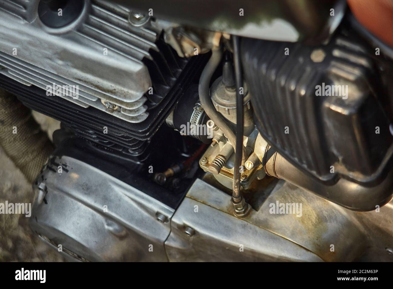 Detail of some components of a vintage motorcycle engine with emphasis ...